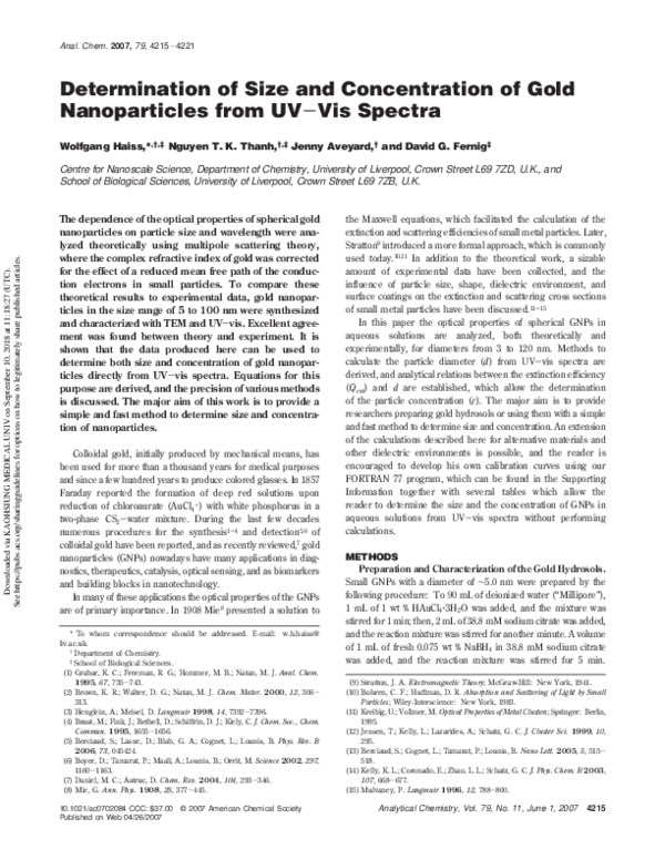 (PDF) Determination of Size and Concentration of Gold Nanoparticles ...