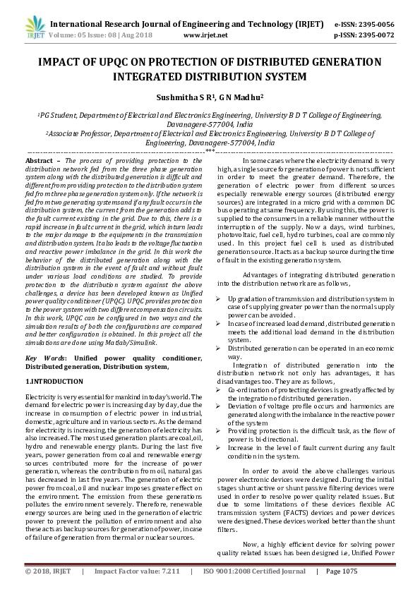 (PDF) IRJET- IMPACT OF UPQC ON PROTECTION OF DISTRIBUTED GENERATION ...