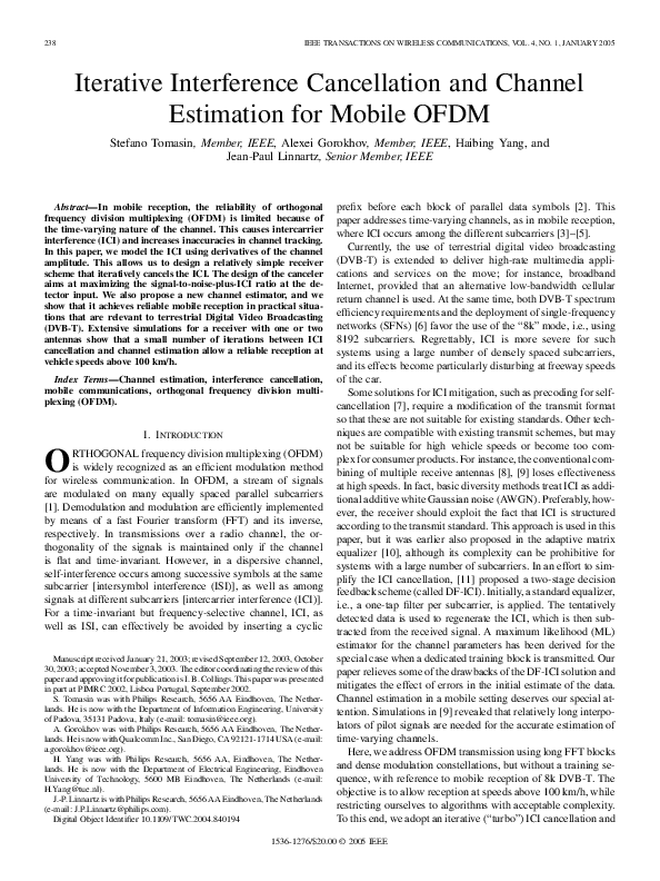 (PDF) Iterative interference cancellation and channel estimation for mobile OFDM