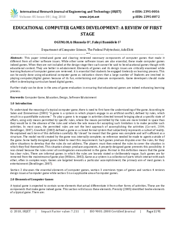 IRJET- EDUCATIONAL COMPUTER GAMES DEVELOPMENT: A REVIEW OF FIRST STAGE