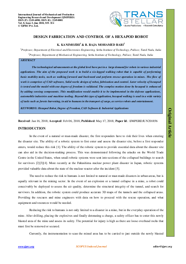 (PDF) DESIGN FABRICATION AND CONTROL OF A HEXAPOD ROBOT