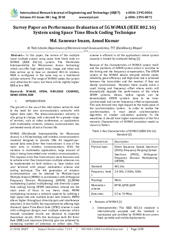 (PDF) IRJET- Survey Paper on Performance Evaluation of 5G WiMAX (IEEE 802.16) System using Space ...