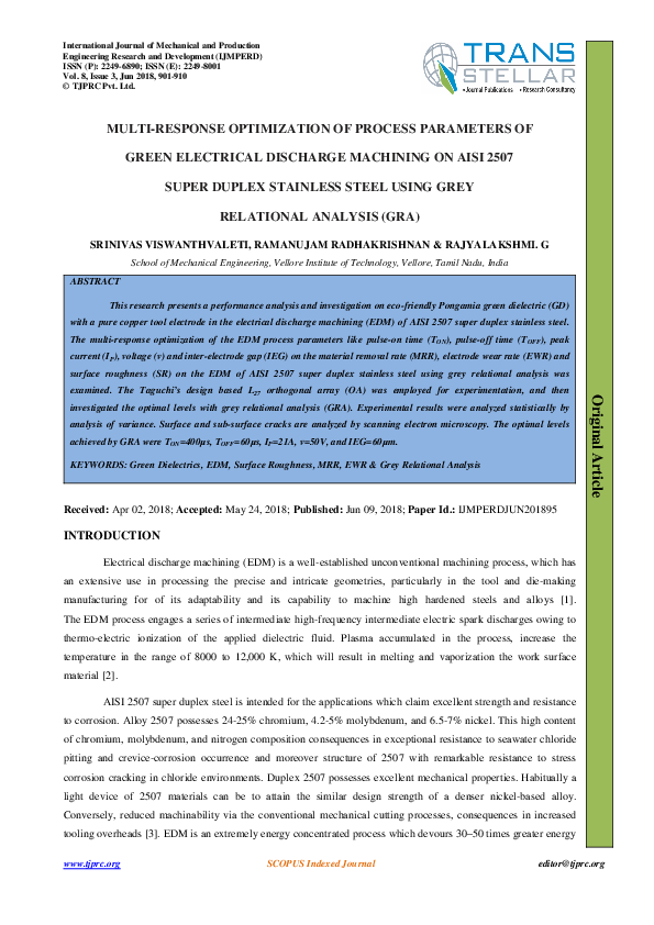 (PDF) Optimizing EDM using Green Dielectric on AISI 2507