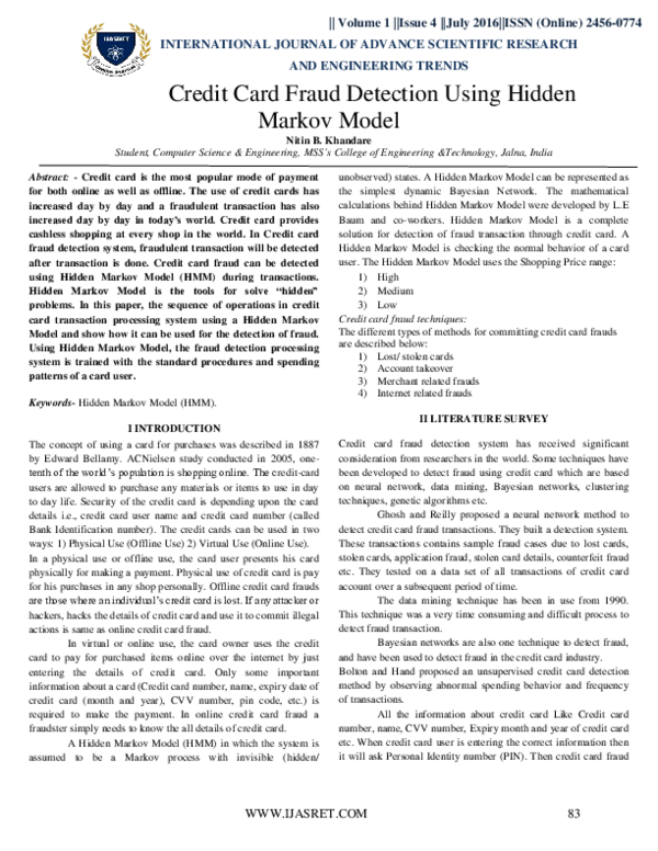 (PDF) Credit Card Fraud Detection Using Hidden Markov Model