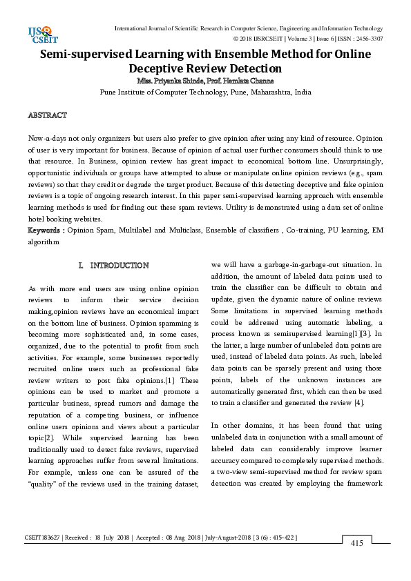 Pdf Semi Supervised Learning With Ensemble Method For Online Deceptive Review Detection