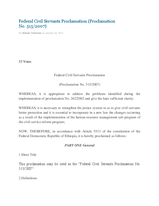 (DOC) Federal Civil Servants Proclamation (Proclamation No. 515/2007