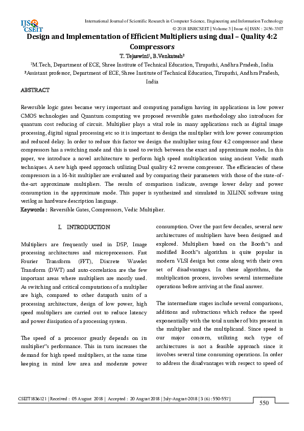 (PDF) Design and Implementation of Efficient Multipliers using dual – Quality 4:2 Compressors