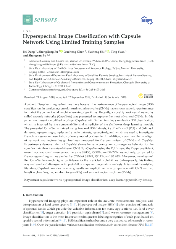 (PDF) Hyperspectral Image Classification with Capsule Network Using Limited Training Samples