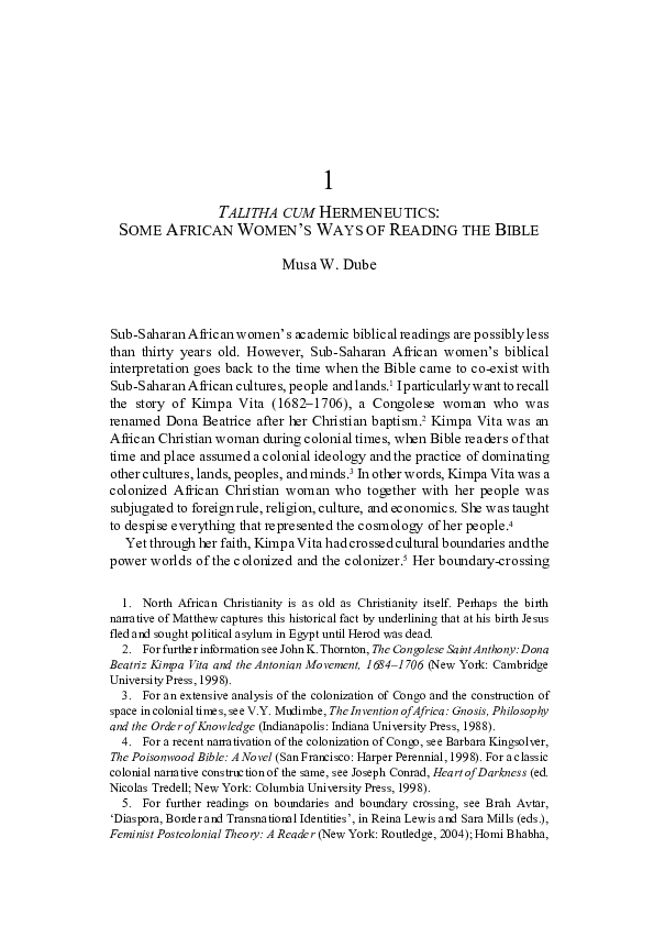 (PDF) TALITHA CUM HERMENEUTICS: SOME AFRICAN WOMEN'S WAYS OF READING ...