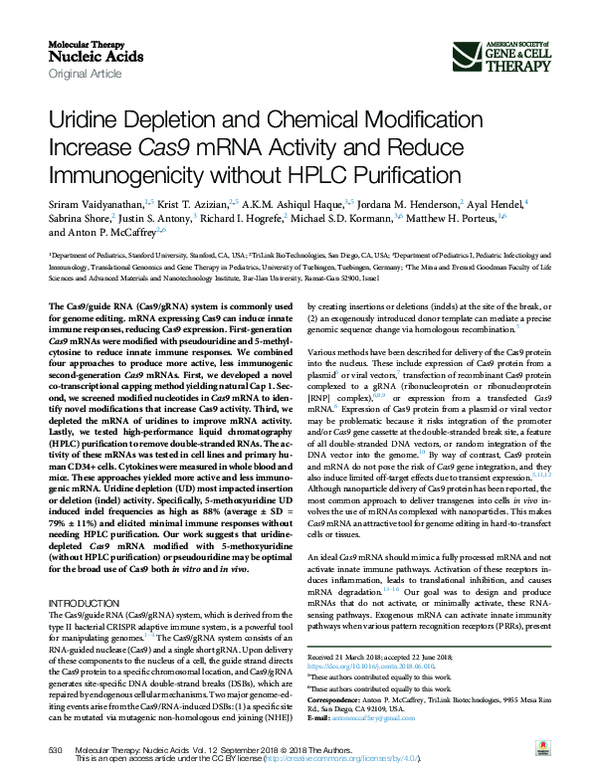 (PDF) Uridine Depletion and Chemical Modification Increase Cas9 mRNA ...