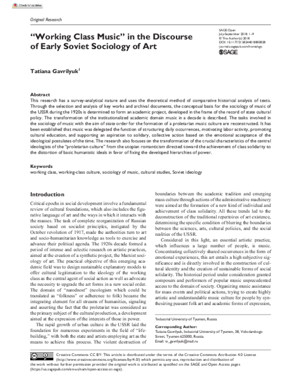 (PDF) "WORKING-CLASS MUSIC' IN THE DISCOURSE OF EARLY SOVIET SOCIOLOGY ...