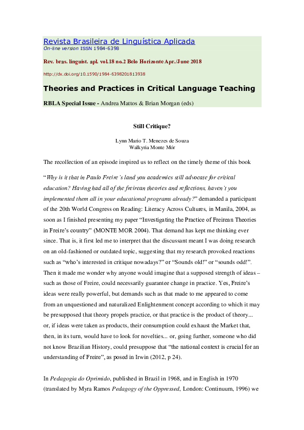 (PDF) Revista Brasileira de Linguística Aplicada Theories and Practices in Critical Language ...