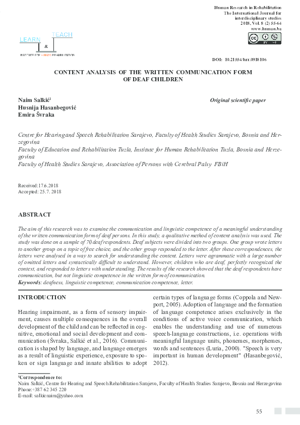 (PDF) CONTENT ANALYSIS OF THE WRITTEN COMMUNICATION FORM OF DEAF CHILDREN