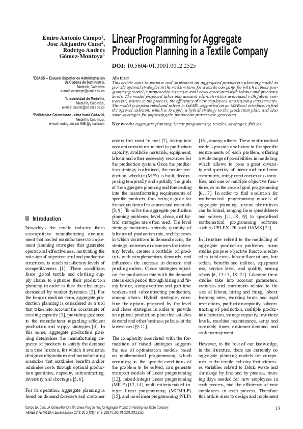 Pdf Linear Programming For Aggregate Production Planning In A Textile Company
