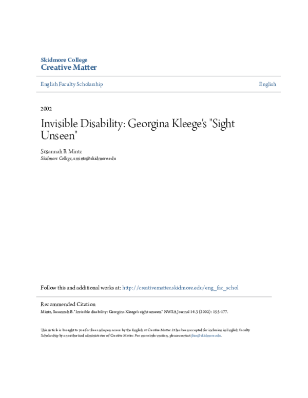 (PDF) Invisible Disability: Georgina Kleege's Sight Unseen