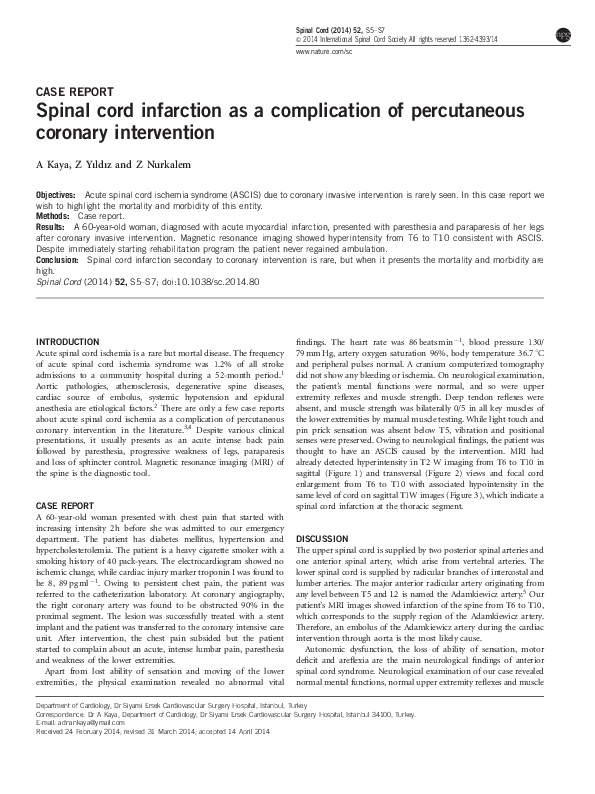 (PDF) Spinal cord infarction as a complication of percutaneous coronary ...
