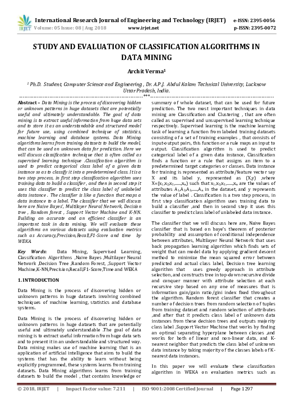 (PDF) IRJET- STUDY AND EVALUATION OF CLASSIFICATION ALGORITHMS IN DATA ...