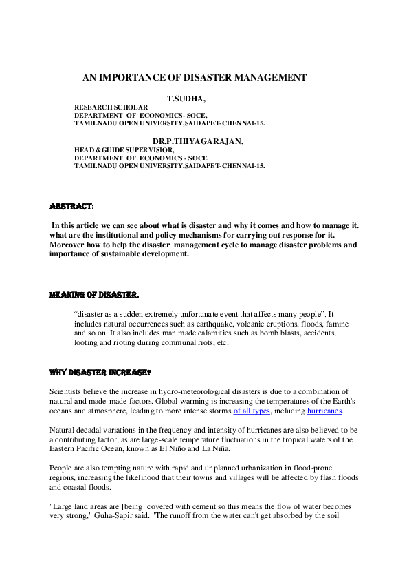 (DOC) AN IMPORTANCE OF DISASTER MANAGEMENT