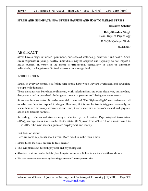 (PDF) STRESS AND ITS IMPACT: HOW STRESS HAPPENS AND HOW TO MANAGE ...