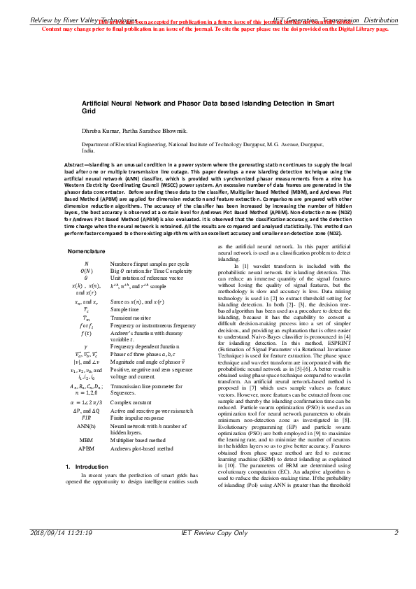Pdf Artificial Neural Network And Phasor Data Based Islanding Detection In Smart Grid