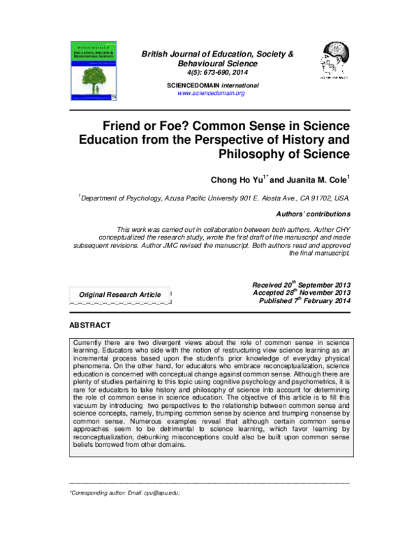 (PDF) Friend or Foe? Common Sense in Science Education from the ...
