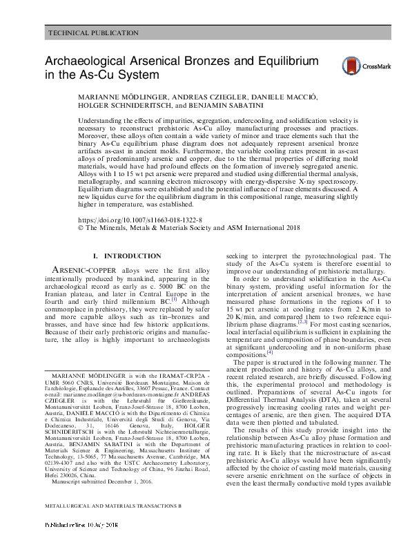 (PDF) Archaeological Arsenical Bronzes and Equilibrium in the As-Cu System