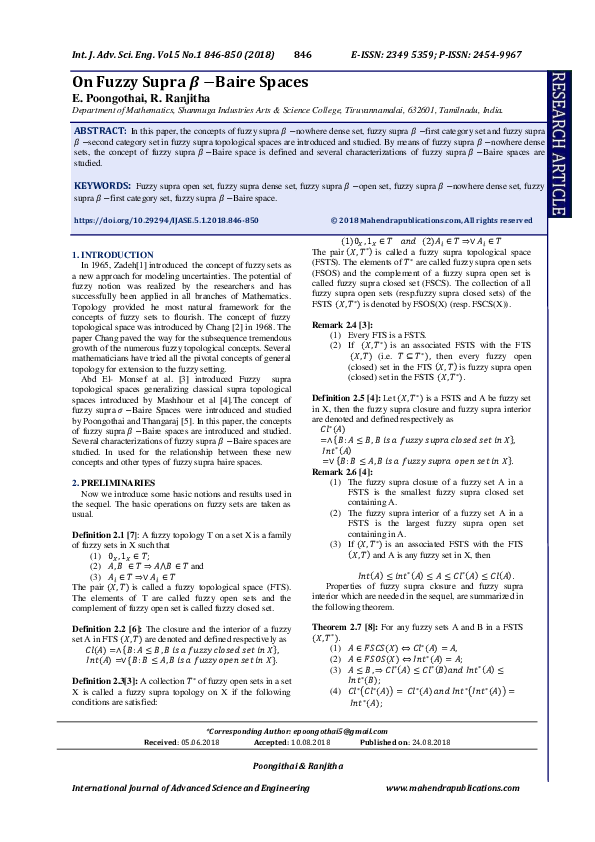 (PDF) On Fuzzy Supra Baire Spaces