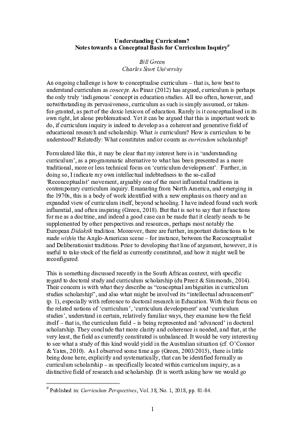 (PDF) Understanding Curriculum? Notes towards a Conceptual Basis for ...