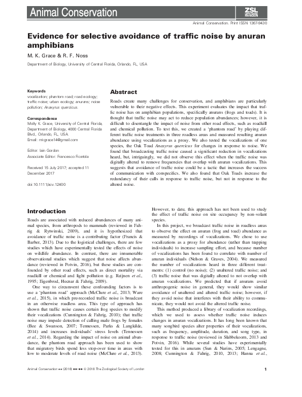 (PDF) Evidence for selective avoidance of traffic noise by anuran ...