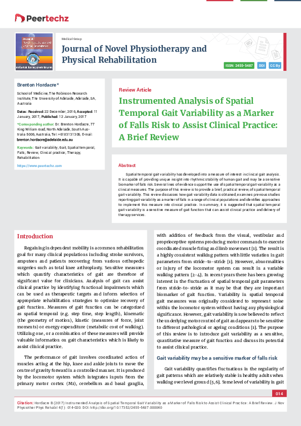 Pdf Instrumented Analysis Of Spatial Temporal Gait Variability As A Marker Of Falls Risk To