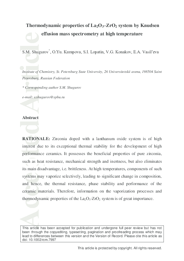 (PDF) Thermodynamic properties of La 2 O 3 –ZrO 2 system by Knudsen ...