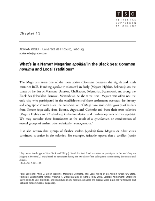 (PDF) What's in a Name? Megarian apoikiai in the Black Sea: Common ...