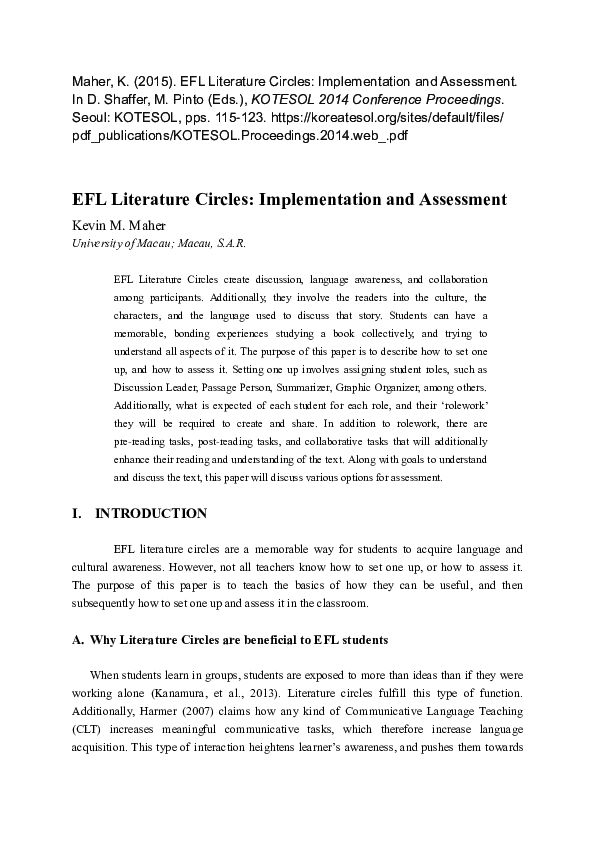 (DOC) EFL Literature Circles: Implementation and Assessment
