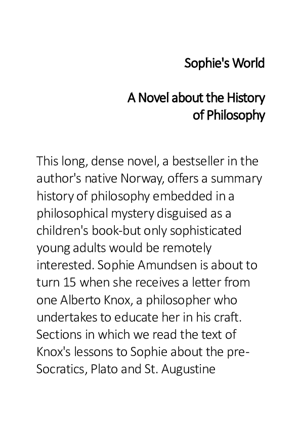 (DOC) Sophie's World A Novel about the History of Philosophy