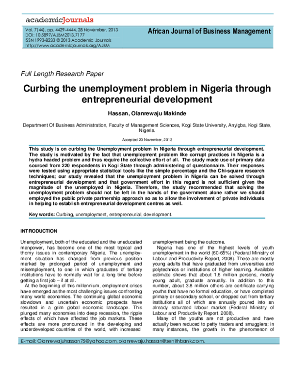 (PDF) African Journal of Business Management Curbing the unemployment problem in Nigeria through ...