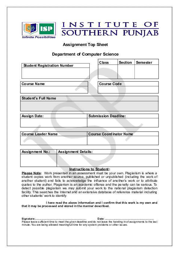 (DOC) Assignment Top Sheet Department of Computer Science