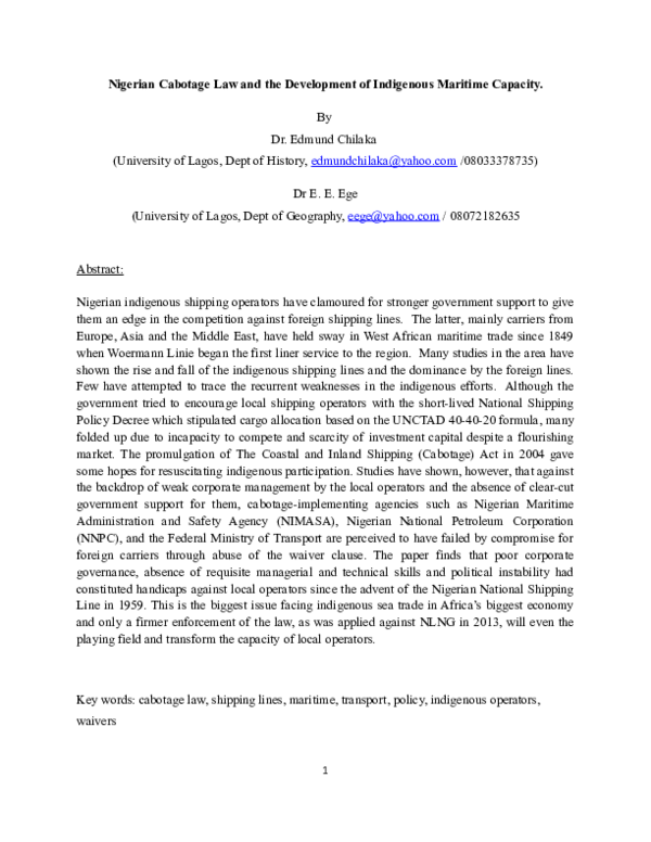 (DOC) Nigerian Cabotage Law and the Development of Indigenous Maritime ...