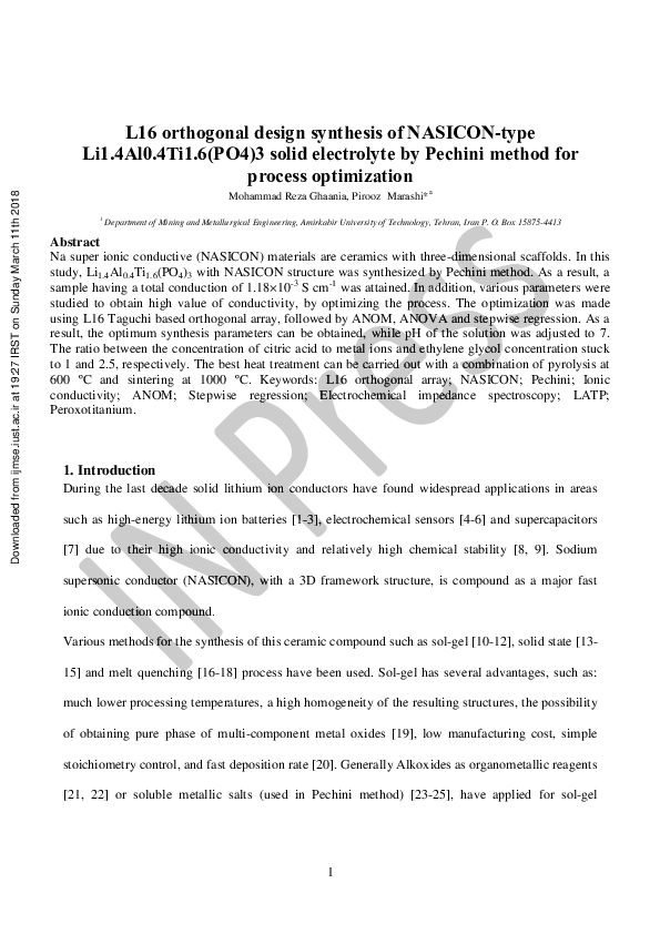 L16 orthogonal design synthesis of NASICON-type Li1.4Al0.4Ti1.6(PO4)3 ...