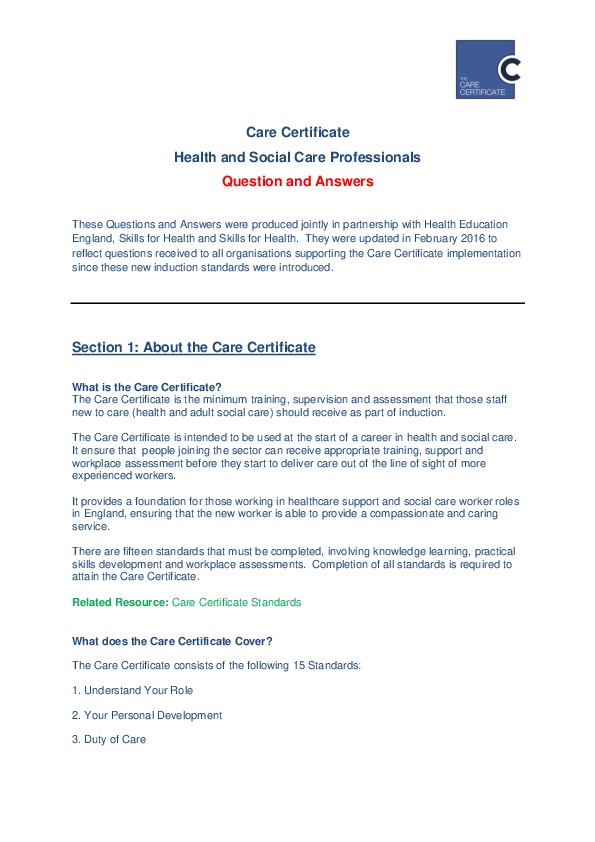 (DOC) Care certificate question and answers for health and adult social ...