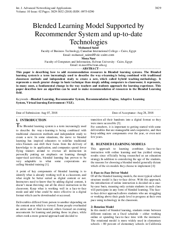 (PDF) Blended Learning Model Supported by Recommender System and up-to ...