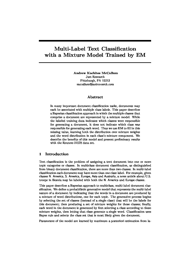 (PDF) Multi-Label Text Classification with a Mixture Model Trained by EM