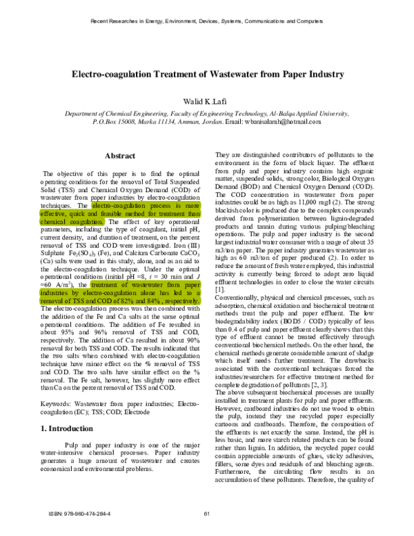 (PDF) Electro-coagulation Treatment of Wastewater from Paper Industry