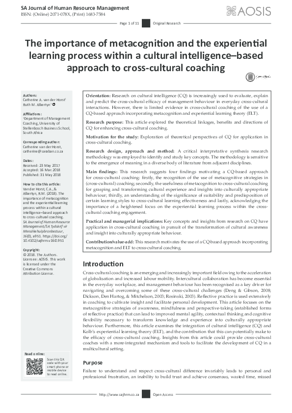 Pdf The Importance Of Metacognition And The Experiential Learning Process Within A Cultural