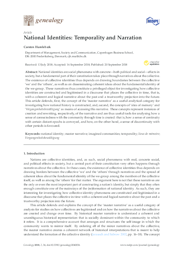 (PDF) National Identities: Temporality and Narration