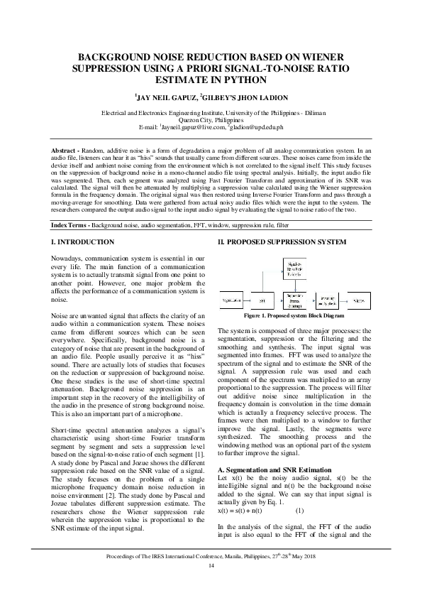 (PDF) Background Noise Reduction Based on Wiener Suppression Using A ...
