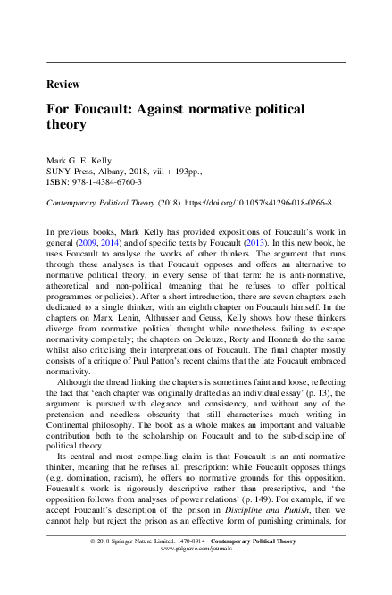 (PDF) Review of Mark Kelly's 'For Foucault: Against Normative Political ...