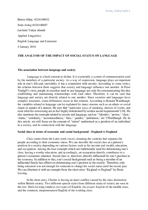 (DOC) THE ANALYSIS OF THE IMPACT OF SOCIAL STATUS ON LANGUAGE