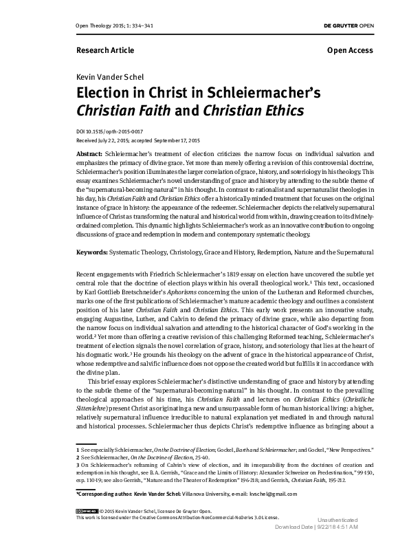 (PDF) “Election in Christ in Schleiermacher’s Christian Faith and ...