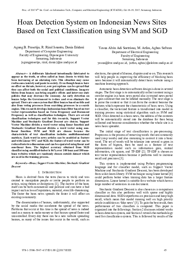 Pdf Hoax Detection System On Indonesian News Sites Based On Text Classification Using Svm And Sgd