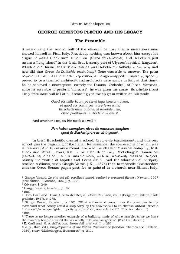 (PDF) GEORGE GEMISTOS PLETHO AND HIS LEGACY The Preamble